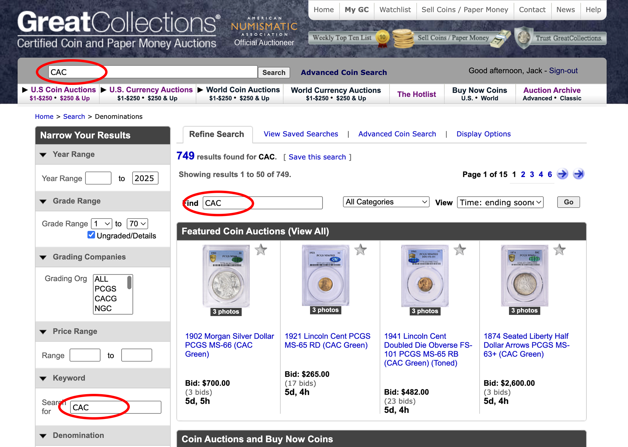 Ways to Search for CAC Coins at GreatCollections - GreatCollections